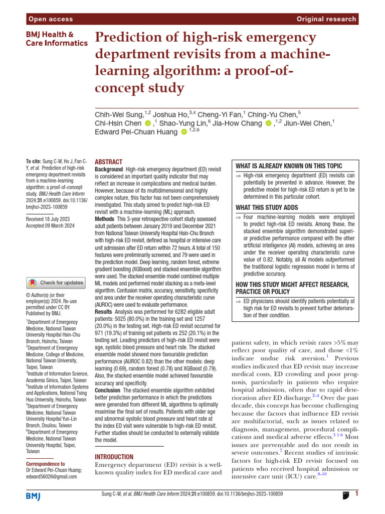 Prediction of High - Risk Emergency Department Revisits From A Machine ...