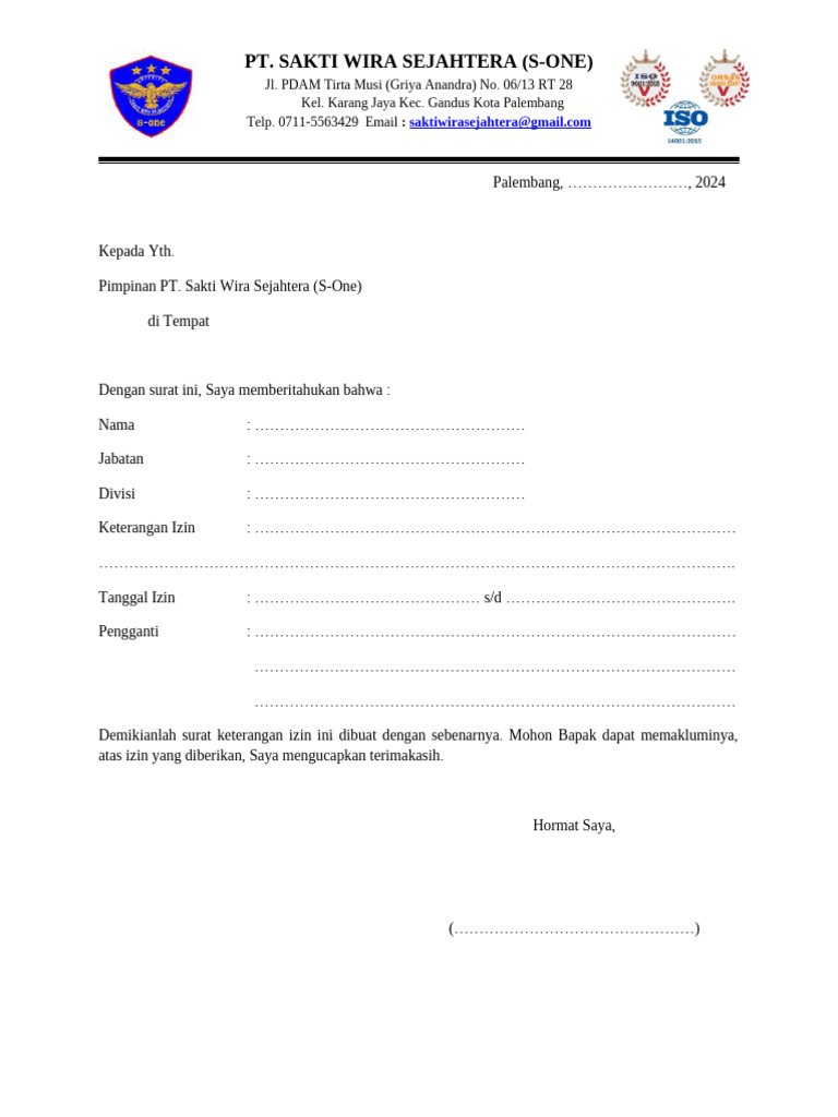 Form Surat Izin Karyawan 2024 | PDF