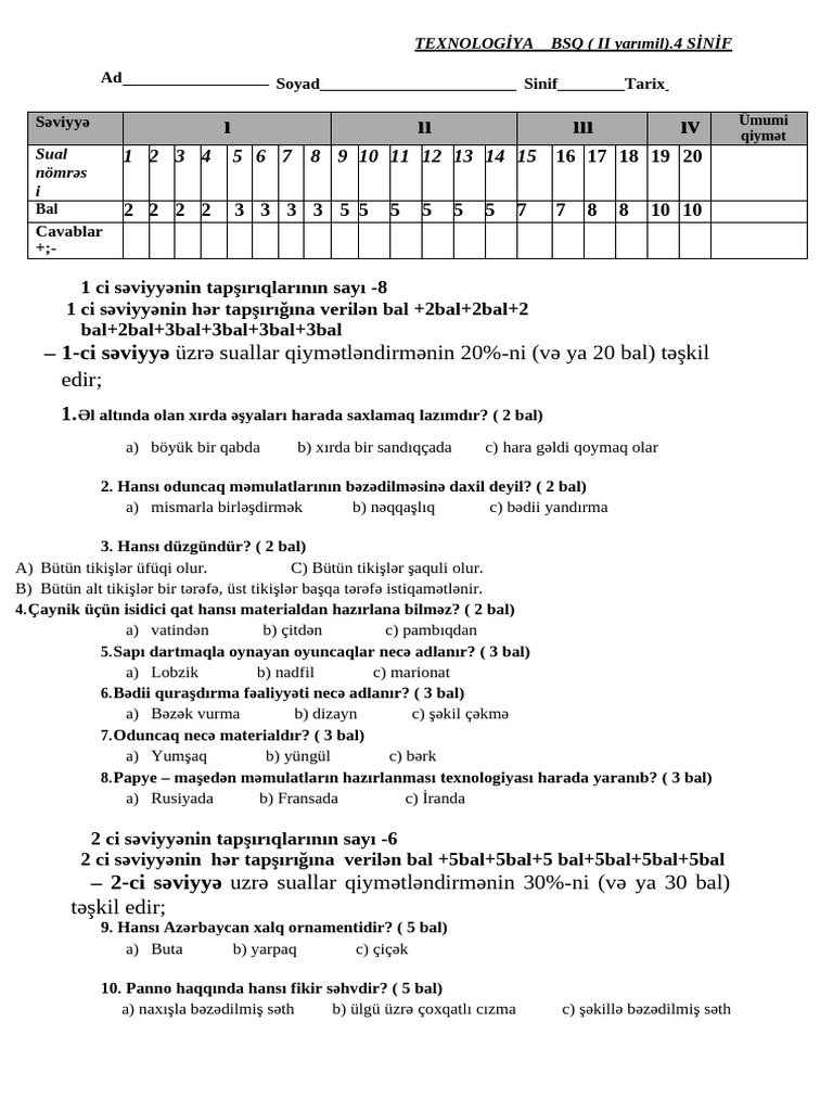 Texnologi̇ya BSQ - 2 (Ii Yarimi̇l) - 4 - Si̇ni̇f 2024-1 | PDF