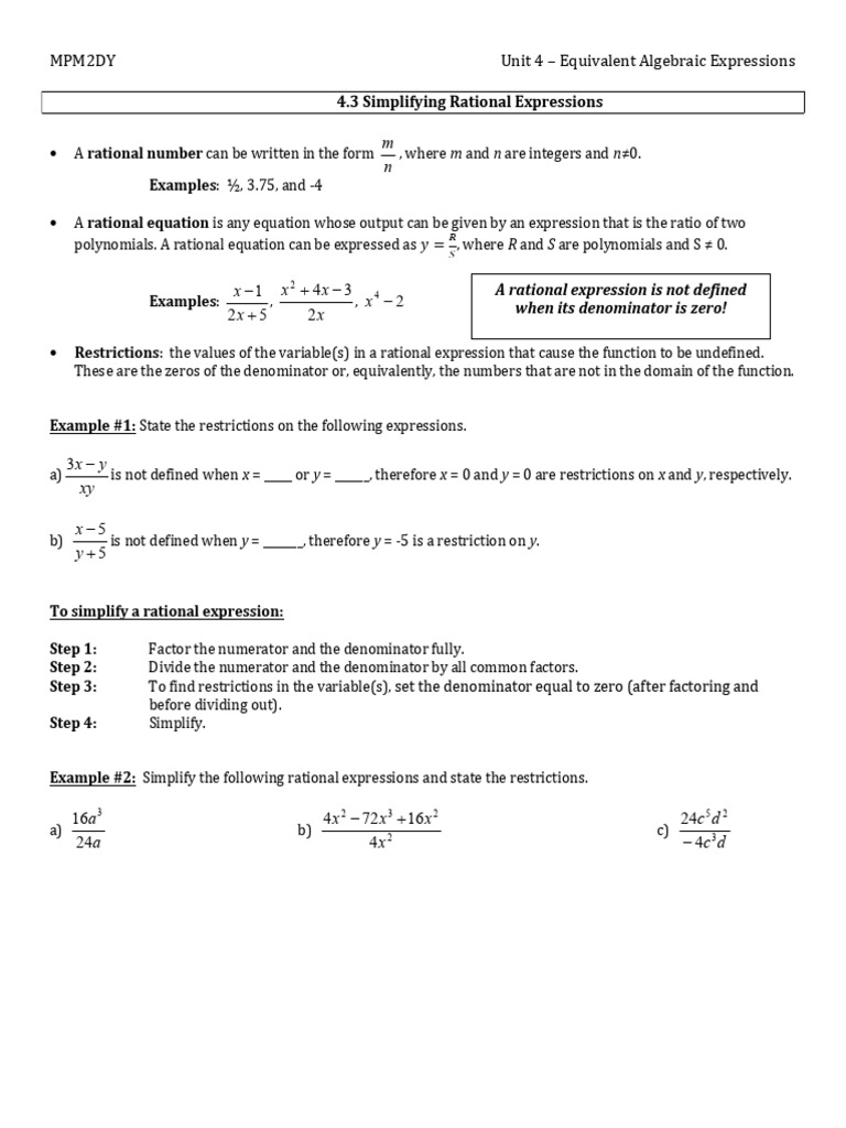 4 3 Simplifying Rational Expressions Pdf Rational Number Factorization