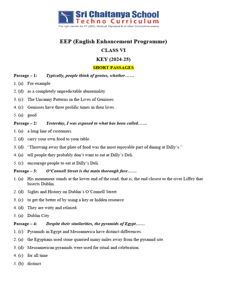6th Class EEP KEY 2024-25 Final | PDF | Insulin | Glucose