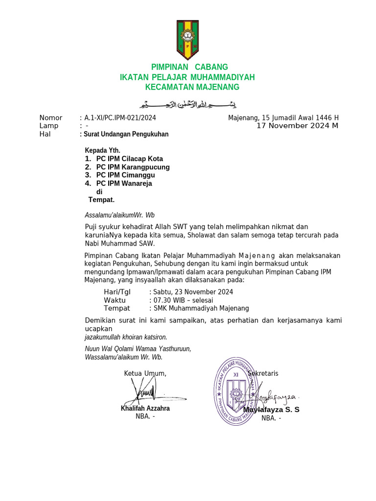 Undangan Pengukuhan Pimpinan IPM Majenang | PDF