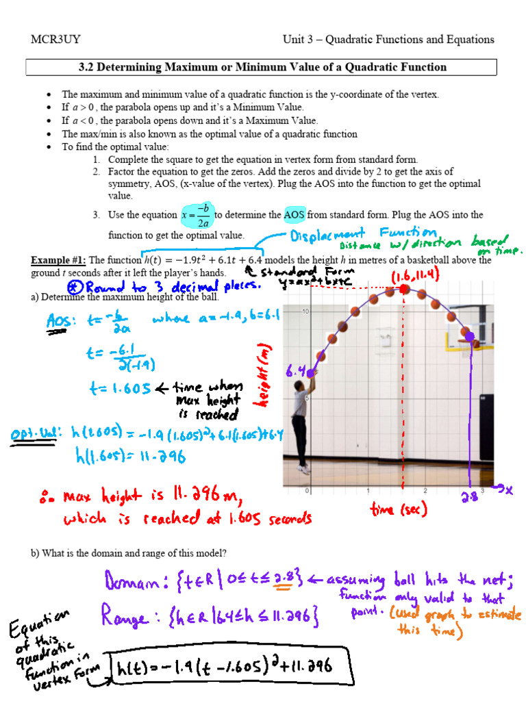 3.2 Determining Maximum or Minimum Value of A Quadratic Function SOLUTIONS | PDF
