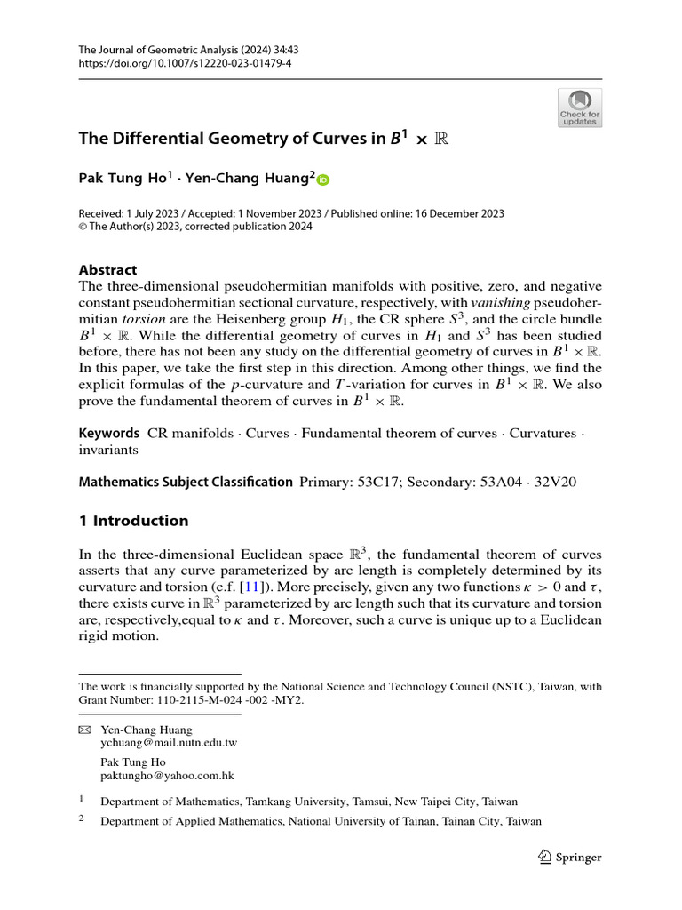 The Differential Geometry of Curves In: Pak Tung Ho Yen-Chang Huang | PDF | Curvature | Geometry