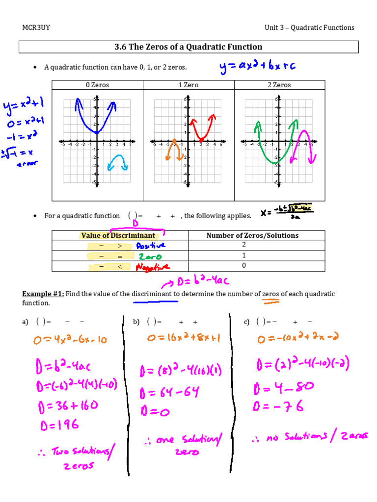 3.6 The Zeros of A Quadratic Function SOLUTIONS | PDF | Teaching ...