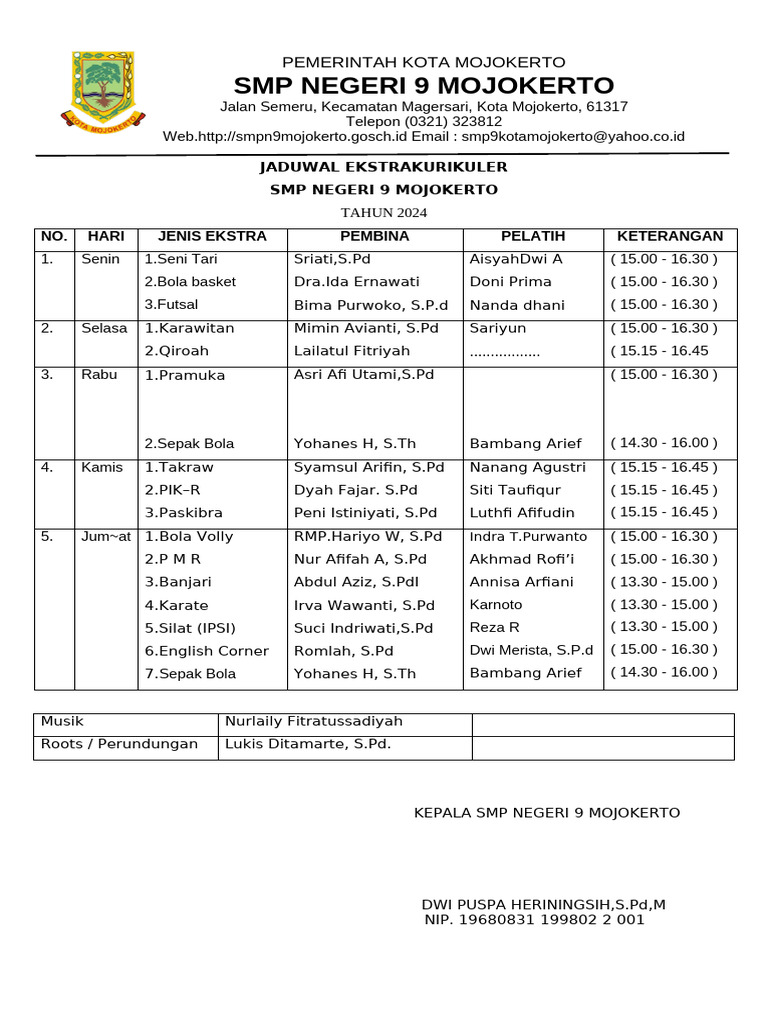 Jadwal Ekstra SMP 9 | PDF