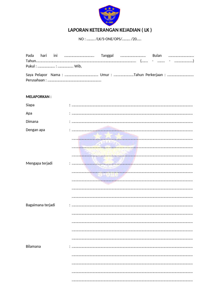 FORM KOSONG LAPORAN KEJADIAN DILAPANGAN 2024 Oke | PDF