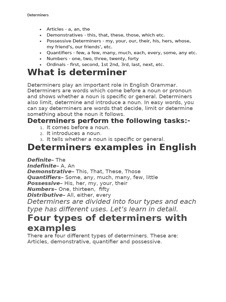 Determiners | PDF | Linguistics | Languages