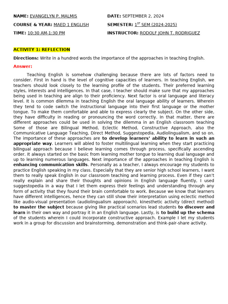Activity 1 - Reflection - Evangelyn Malmis | PDF | Multilingualism | Learning