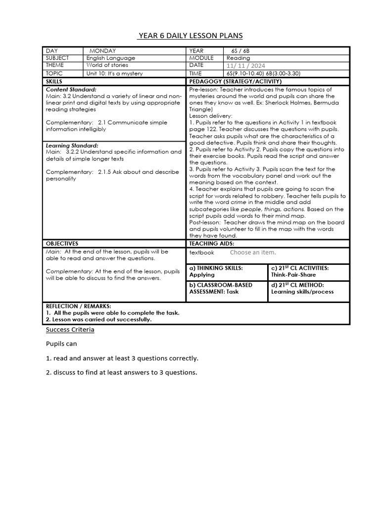 Year 6 English Lesson Plans: Mysteries | PDF | Teachers | Lesson Plan