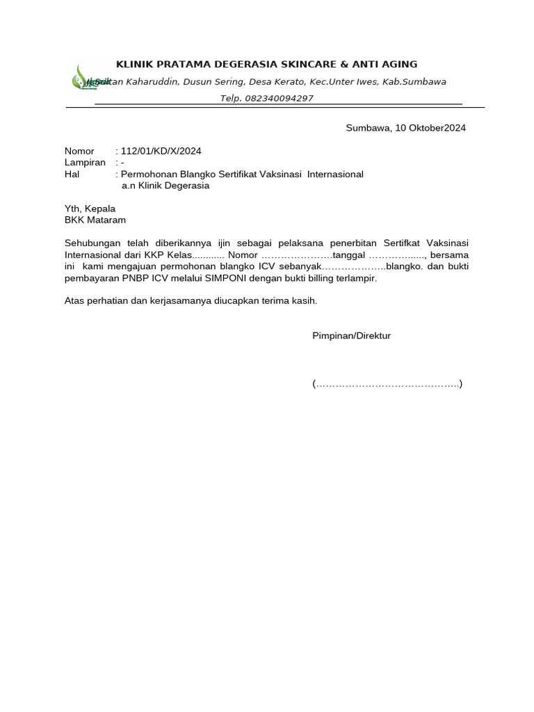 Contoh Format Permohonan Icv Dan Laporan Penggunaan Vaksin - Icv | PDF