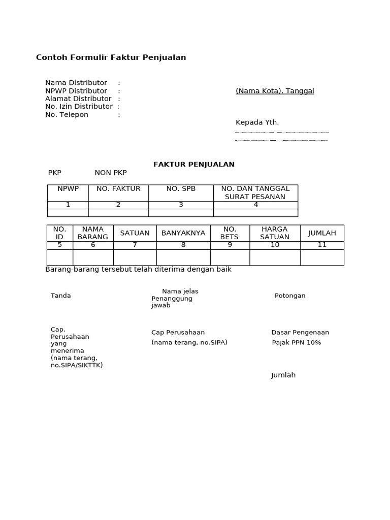 Contoh Formulir Faktur Penjualan Dan SPB | PDF