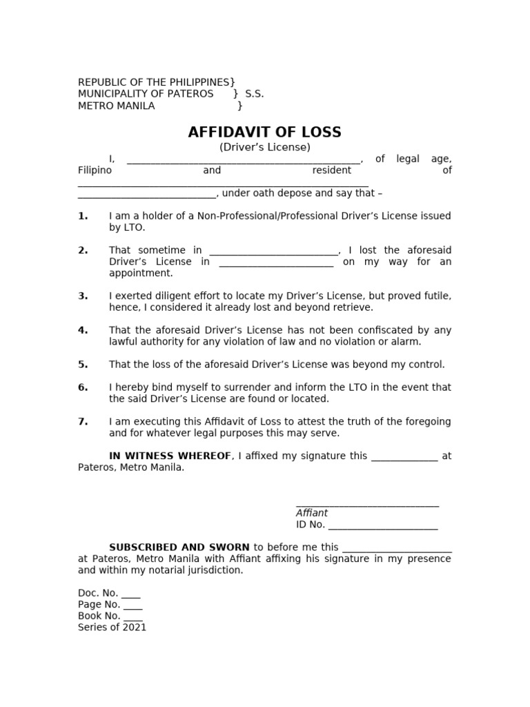 Affidavit of Loss Driver's License - Blank | PDF
