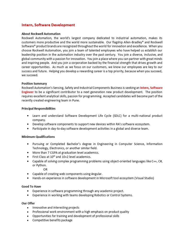JD - Pune - Internship - SIC | PDF | Automation | Software