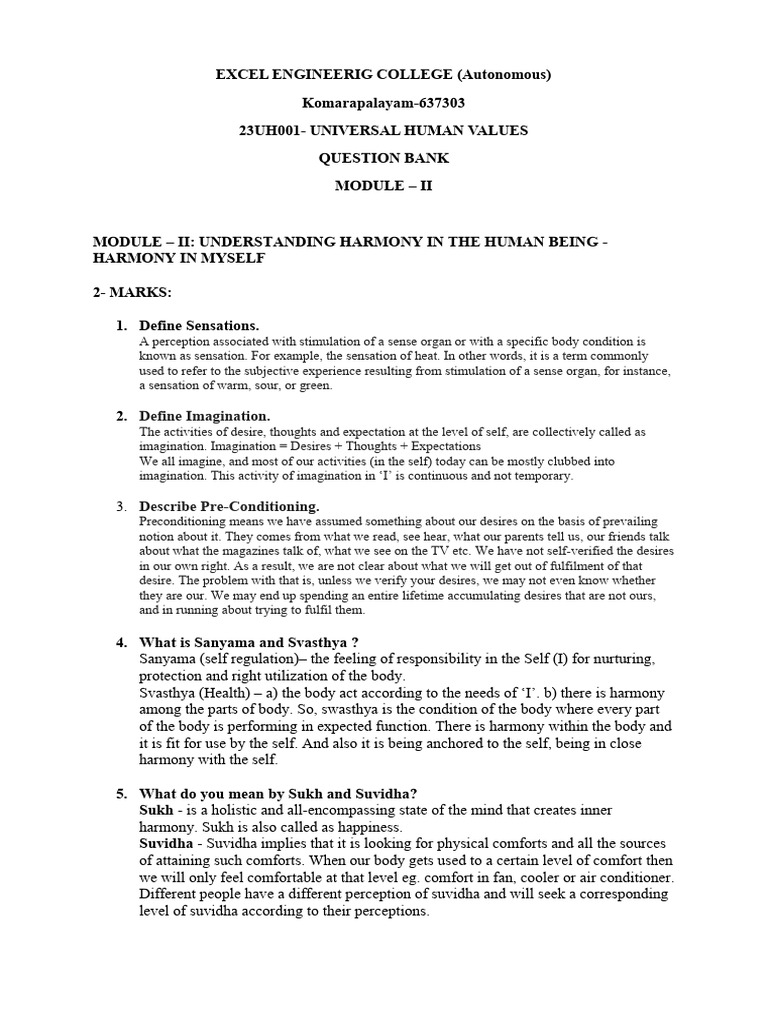 23UH001 UHV Q - Bank MODULE - II | PDF | Senses | Knowledge
