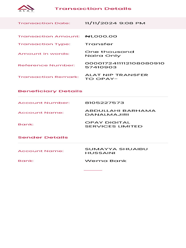 ALAT Transfer Receipt - ABDULLAHI BARHAMA DANALMAJIRI - 8105227573 ...