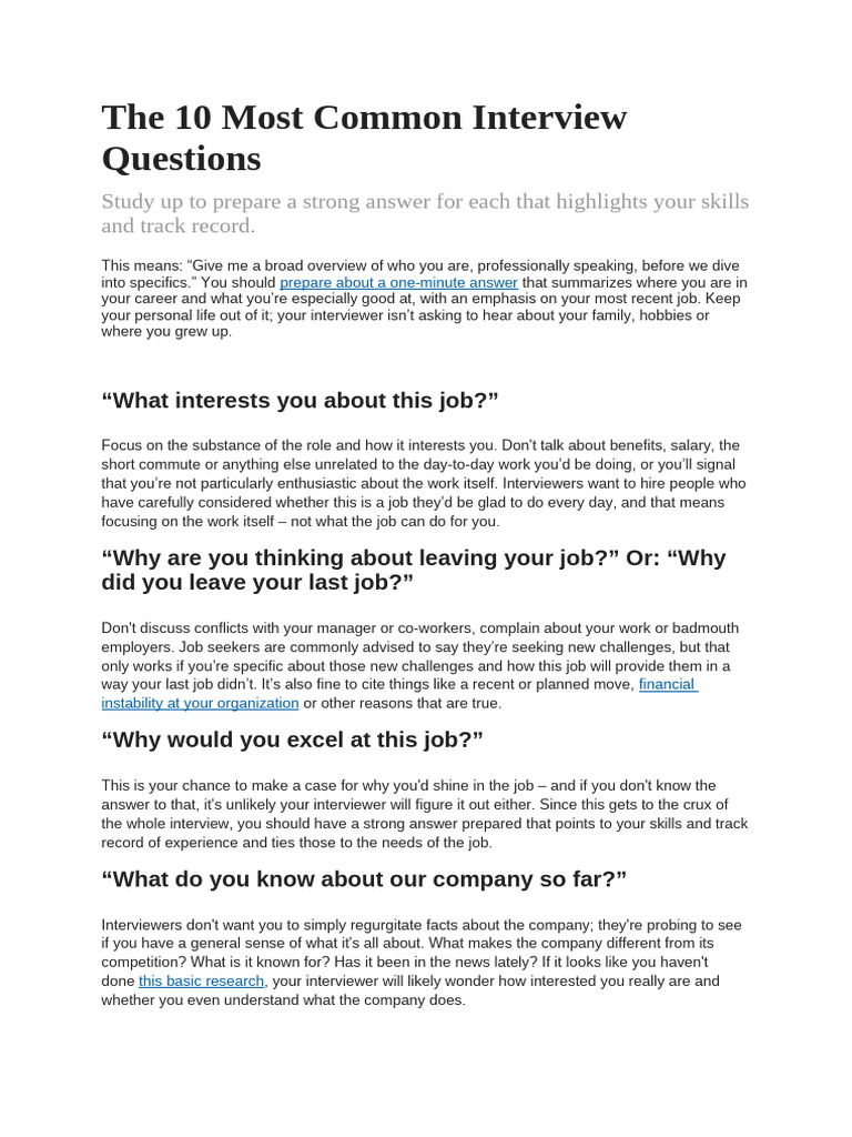 The 10 Most Common Interview Questions | PDF | Employment | Job Interview