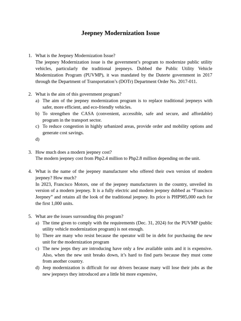 Jeepney Modernization Costs and Issues | PDF | Land Transport ...