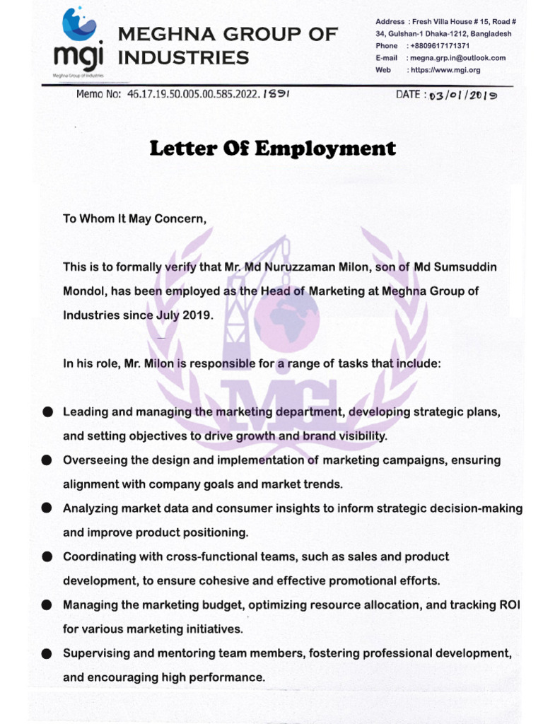 Employment Verification for Md Nuruzzaman Milon | PDF