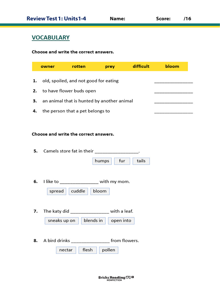Bricks Reading 170 Nonfiction_L1_Review Test 1(Units 01-04) | PDF ...