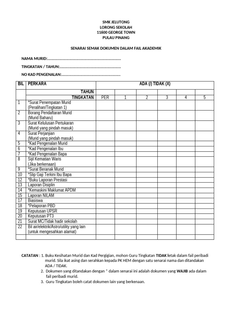 fAIL AKADEMIK Senarai Semak Dokumen Fail Murid | PDF