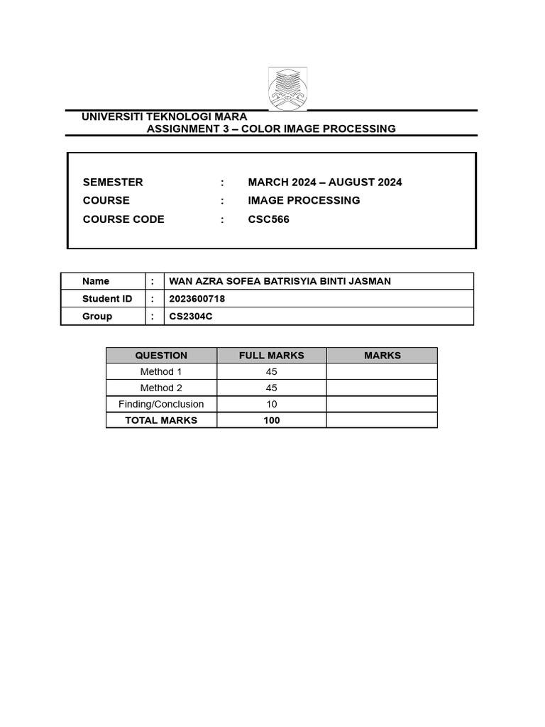 CSC566 - A3 - Wan Azra Sofea Batrisyia Binti Jasman | PDF | Image Processing | Artistic Techniques