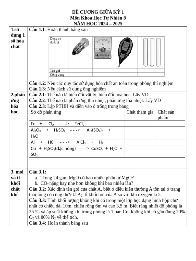 Đề Cương Giữa Kỳ 1 Môn Khoa Học Tự Nhiên 8 NĂM HỌC 2024 - 2025 1.sử dụng 1 số hóa chất Câu 1.1 | PDF