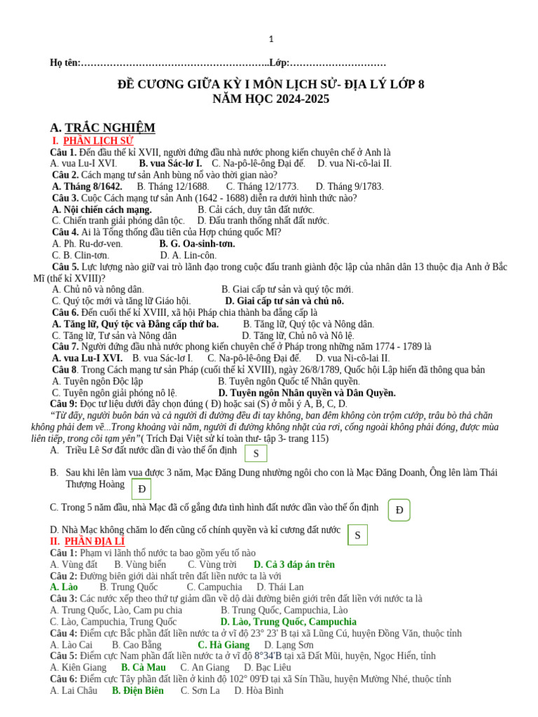 Đề Cương Giữa Kỳ I Môn Lịch Sử-Địa Lý Lớp 8 NĂM HỌC 2024-2025 A. Trắc Nghiệm | PDF
