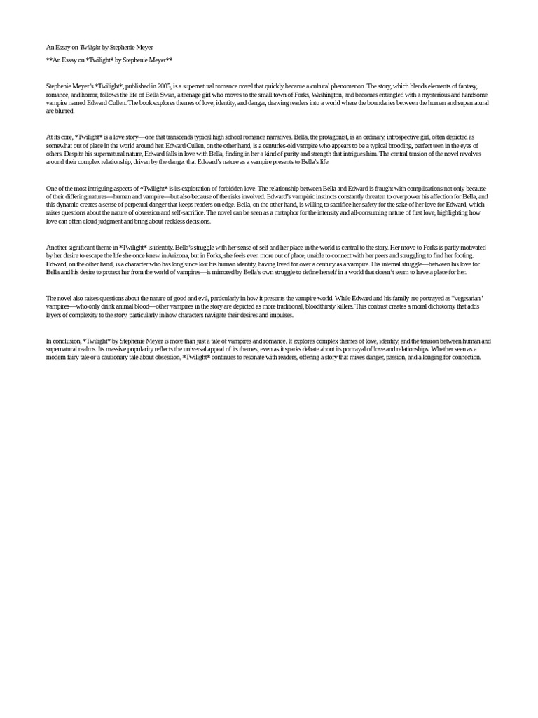 An Essay On Twilight by Stephenie Meyer | PDF | Twilight (Novel Series ...