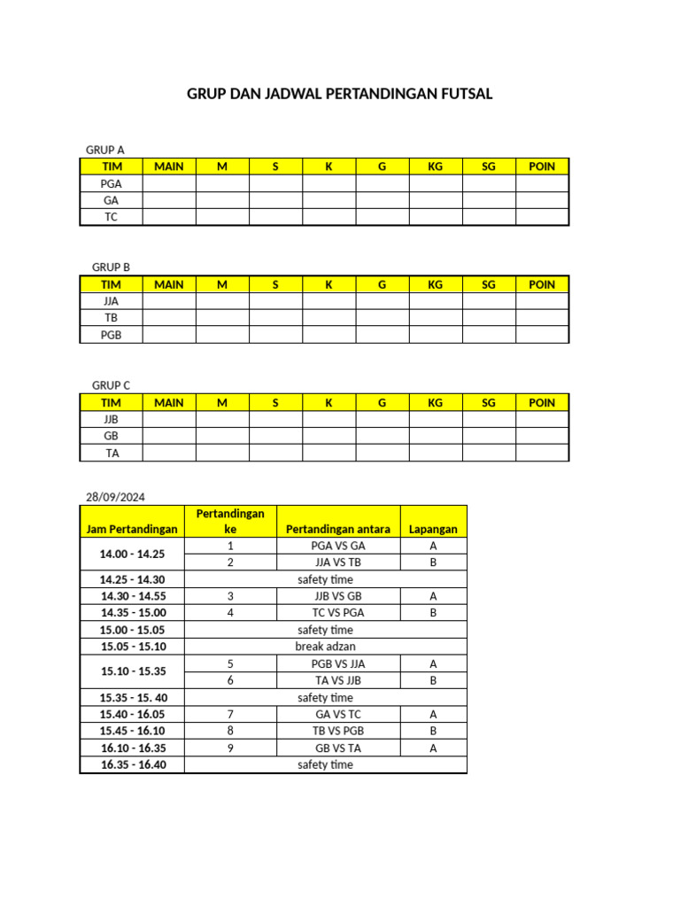 Jadwal Pertandingan Futsal 2024 | PDF