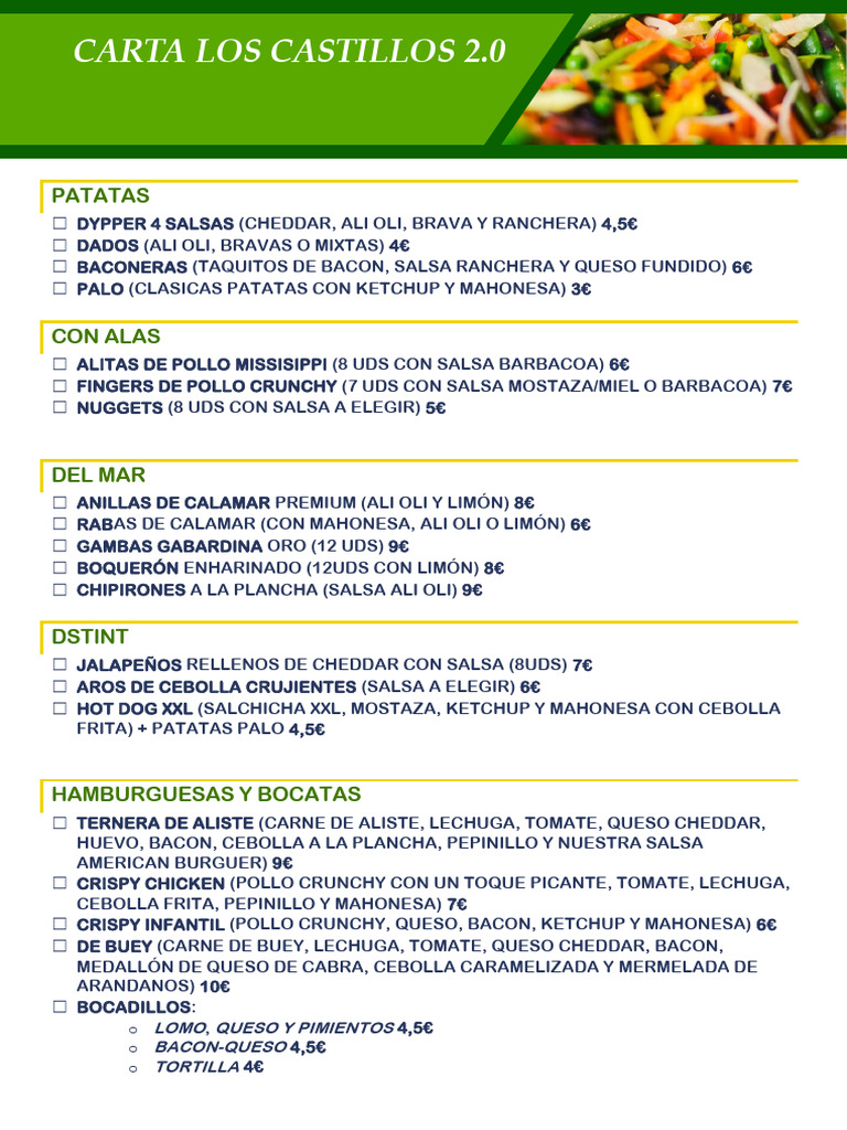 Menú Bar Los Castillos 2.0 | PDF | Pancho | Cocina mediterranea
