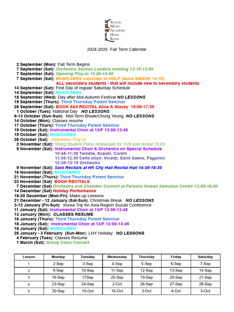 2024-2025 Fall Term Schedule | PDF | Concert | Orchestras