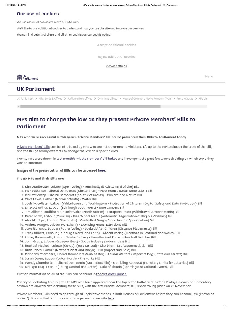MPs Aim To Change The Law As They Present Private Members' Bills To ...