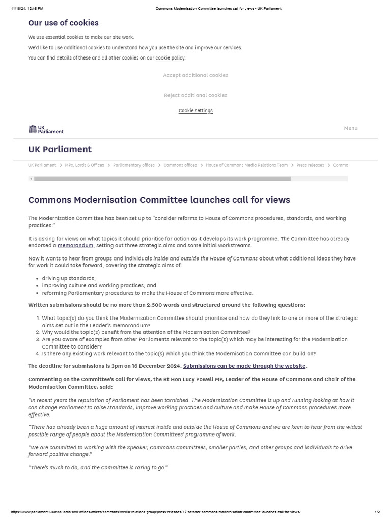 Commons Modernisation Committee Call for Views | PDF | House Of Commons ...