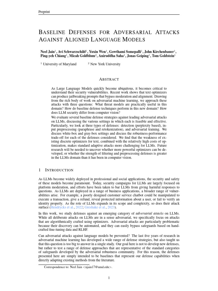 Baseline Defenses for Adversarial Attacks Against Aligned Language Models | PDF | Computing ...