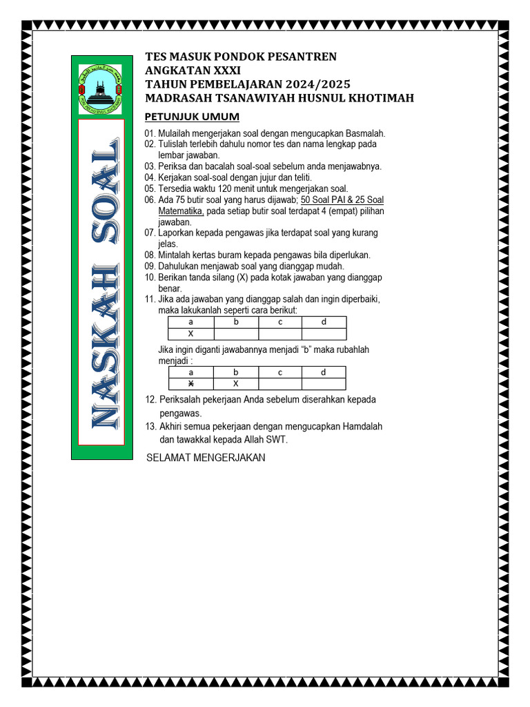Soal PSB MTs 2425 | PDF