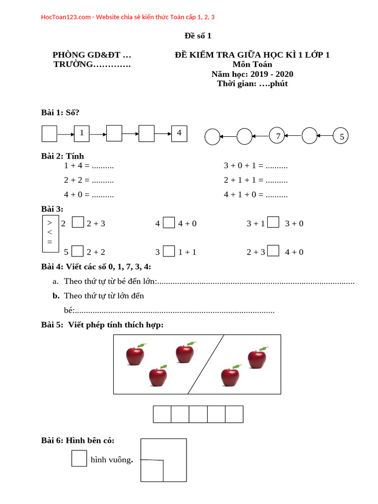 Bo de Kiem Tra Giua HK1 Mon Toan Lop 1 Nam 2019 2020 | PDF