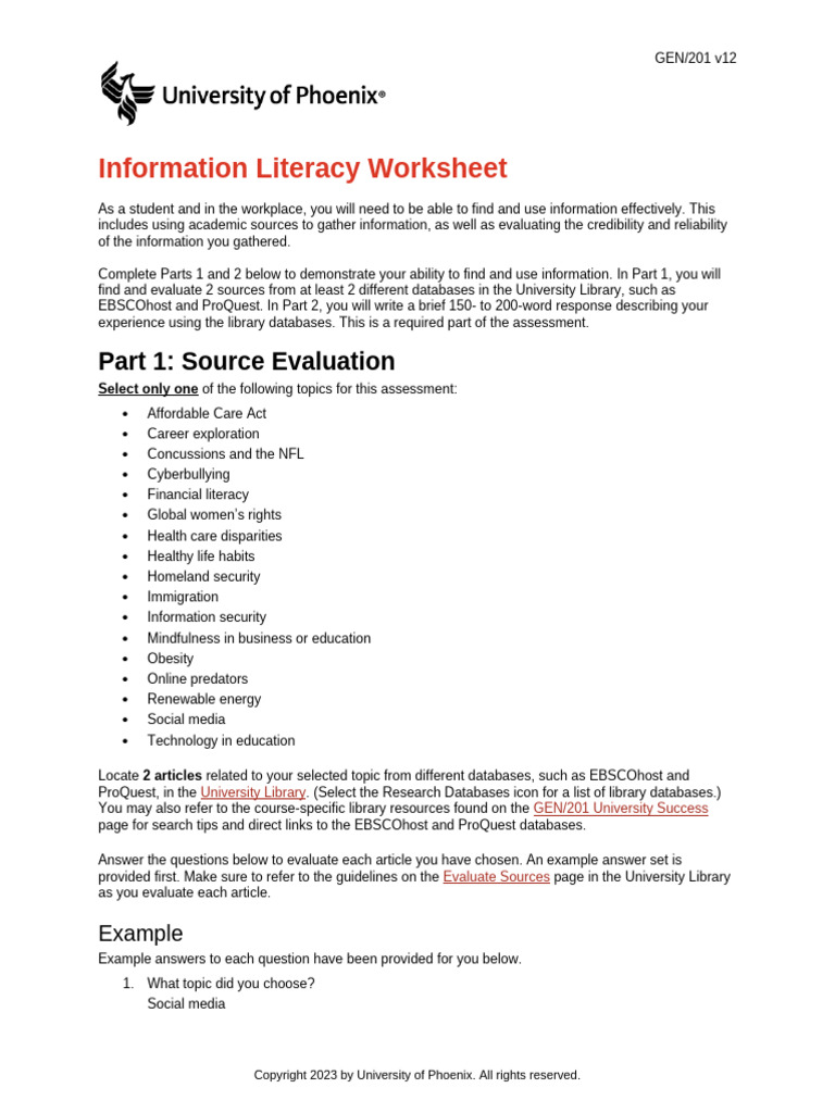 Gen201 v12 wk4 Information Literacy Worksheet | PDF | Bias | Libraries