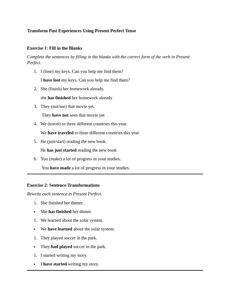 Transform Past Experiences Using Present Perfect Tense | PDF | Perfect (Grammar) | Linguistic ...
