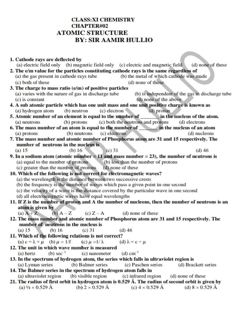 Atomic Structure Ch#2 Class 11 Mcqs | PDF