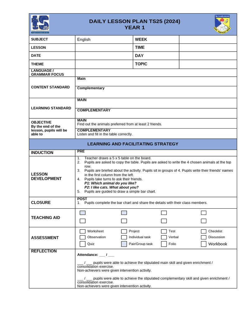 Year 1 Daily Lesson Plan | PDF | Lesson Plan | Learning