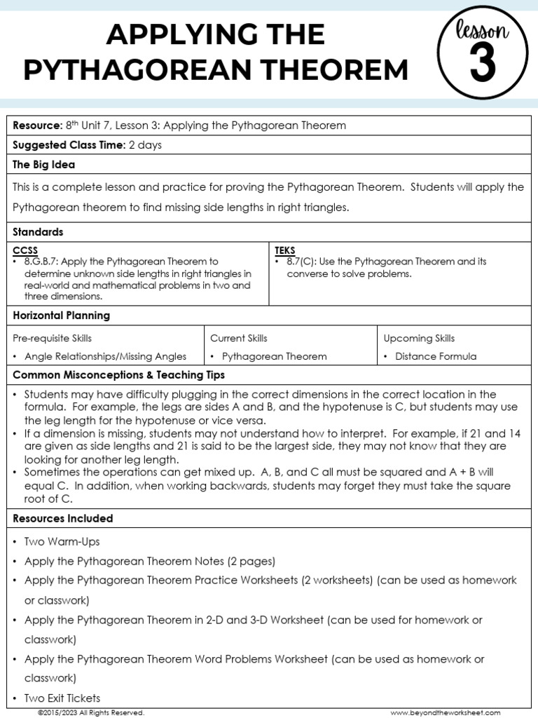 Applying The Pythagorean Theorem - Free Sample Lesson | PDF ...