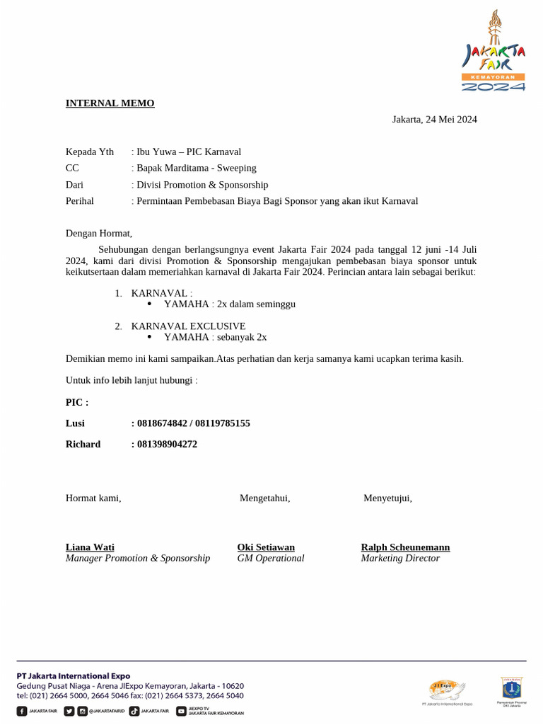 Internal Memo - Permintaan Pembebasan Biaya Bagi Sponsor Yang Akan Ikut Karnaval | PDF | Bisnis