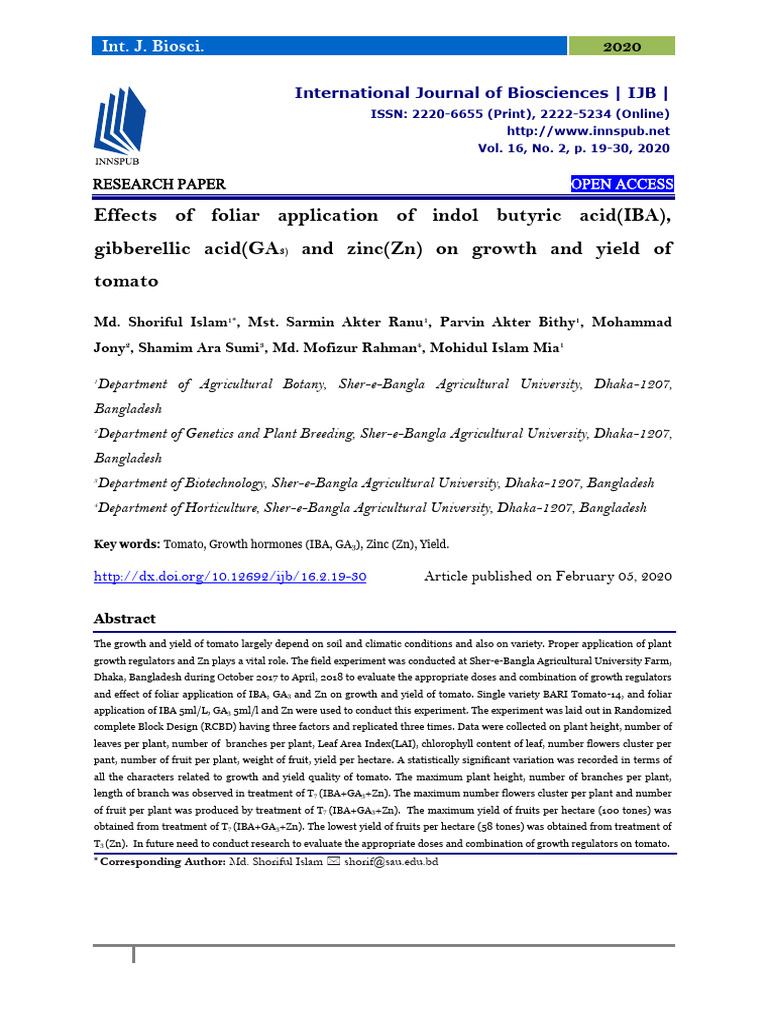 Effects of Foliar Application of Indol Butyric Acid (IBA), Gibberellic ...