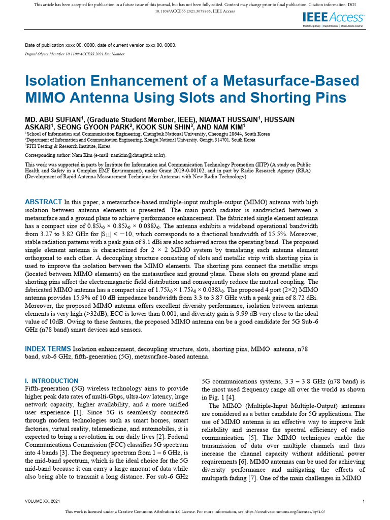 Isolation Enhancement of A Metasurface-Based MIMO | PDF | Antenna (Radio) | Mimo
