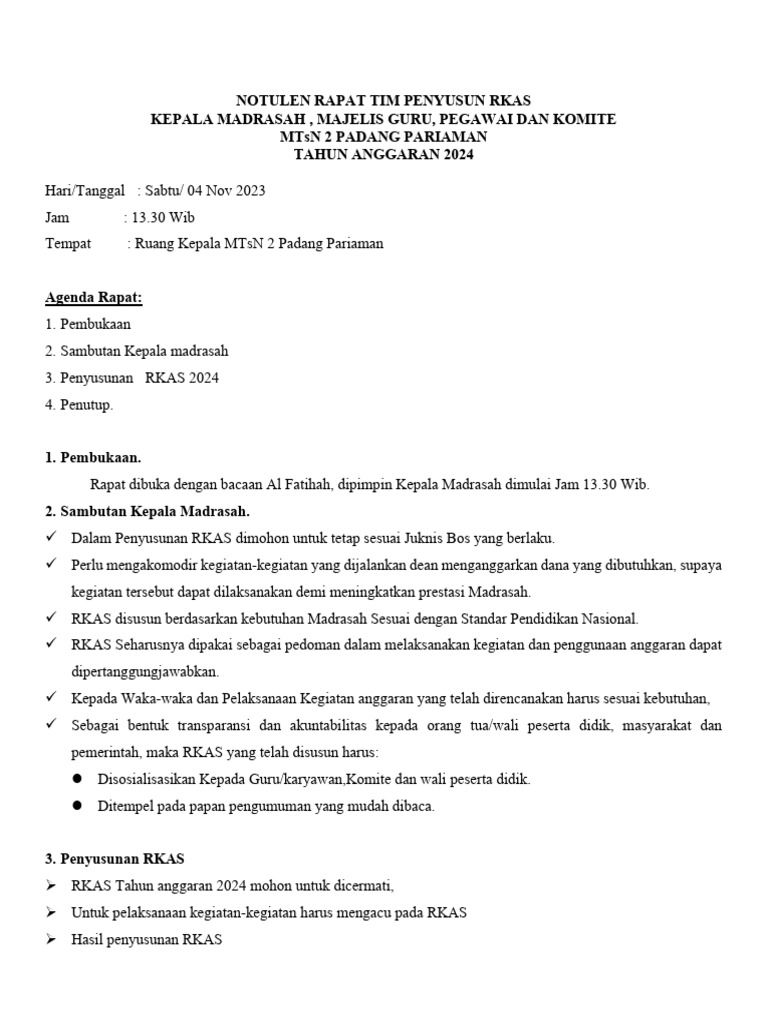 Notulen Rapat Penyusunan RKAS 2024 | PDF | Bisnis