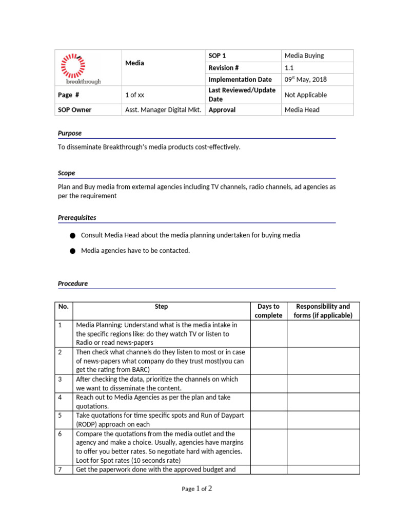SOP Media Buying and Planning | PDF | Business