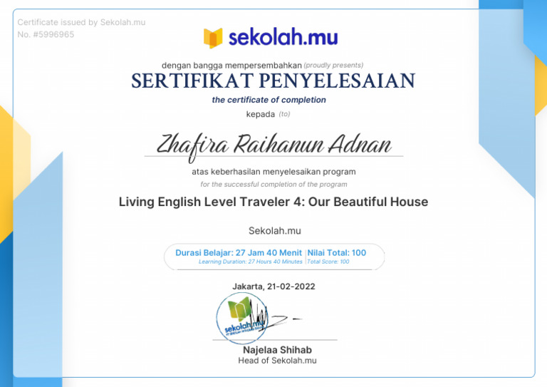 Sertifikat Sekolahmu 5996965 | PDF