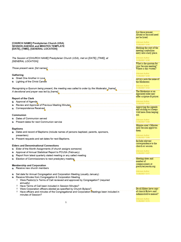 Session Agendaand Minutes Template | PDF | Committee | Baptism