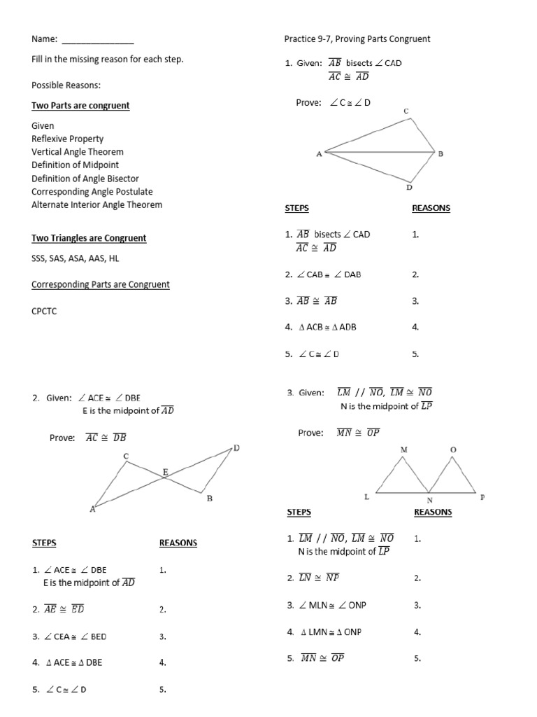 Practice 9-7 Proving Parts Congruent | PDF